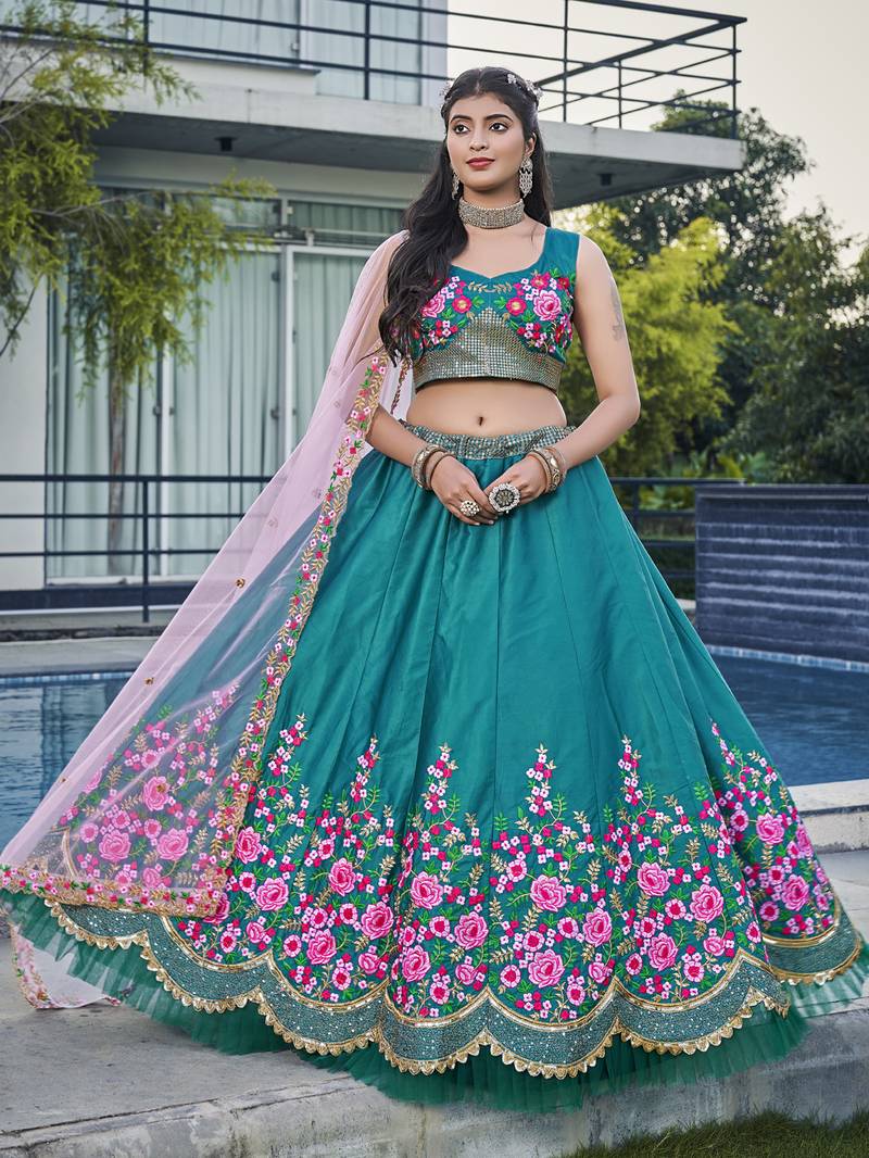Rama Blue & Pink Floral Embroidered Silk Party Wear Lehenga Choli ...