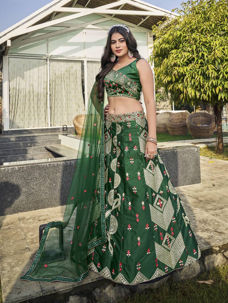 Grass Green Golden Embroidered Silk Traditional Lehenga Choli - Jalkaa ...