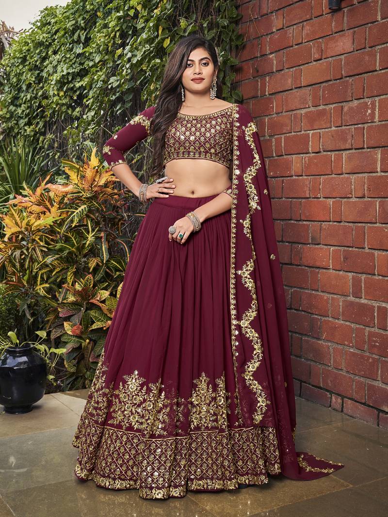 Maroon Golden Zari Embroidered Georgette Lehenga Choli For Wedding ...