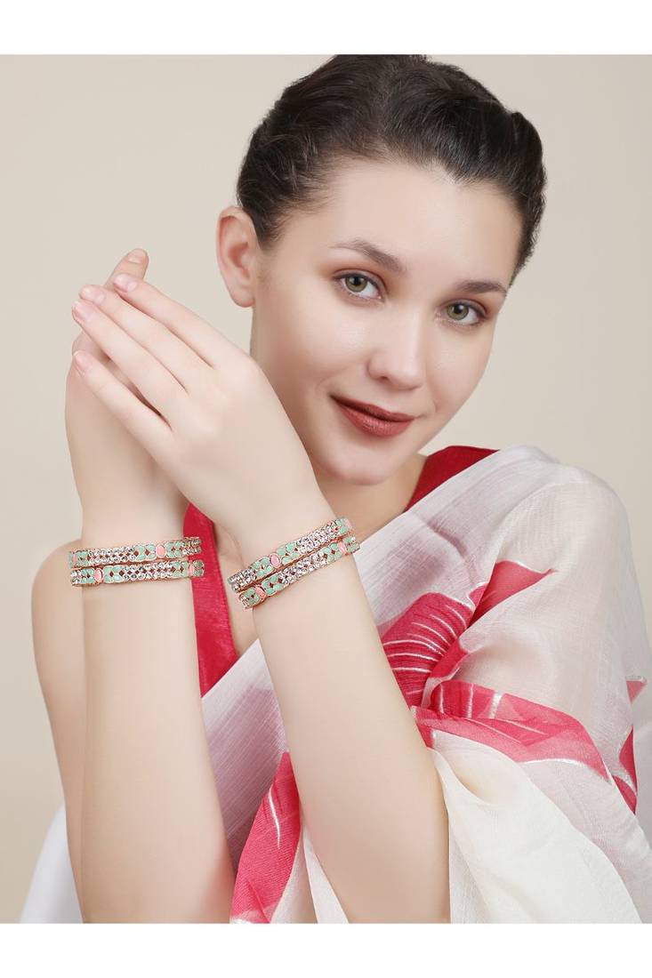 Set Of 2 Rose Gold-Plated & Sea-Green Baby Pink AD-Studded Bangles ...
