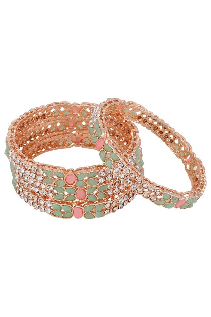 Set Of 2 Rose Gold-Plated & Sea-Green Baby Pink AD-Studded Bangles ...