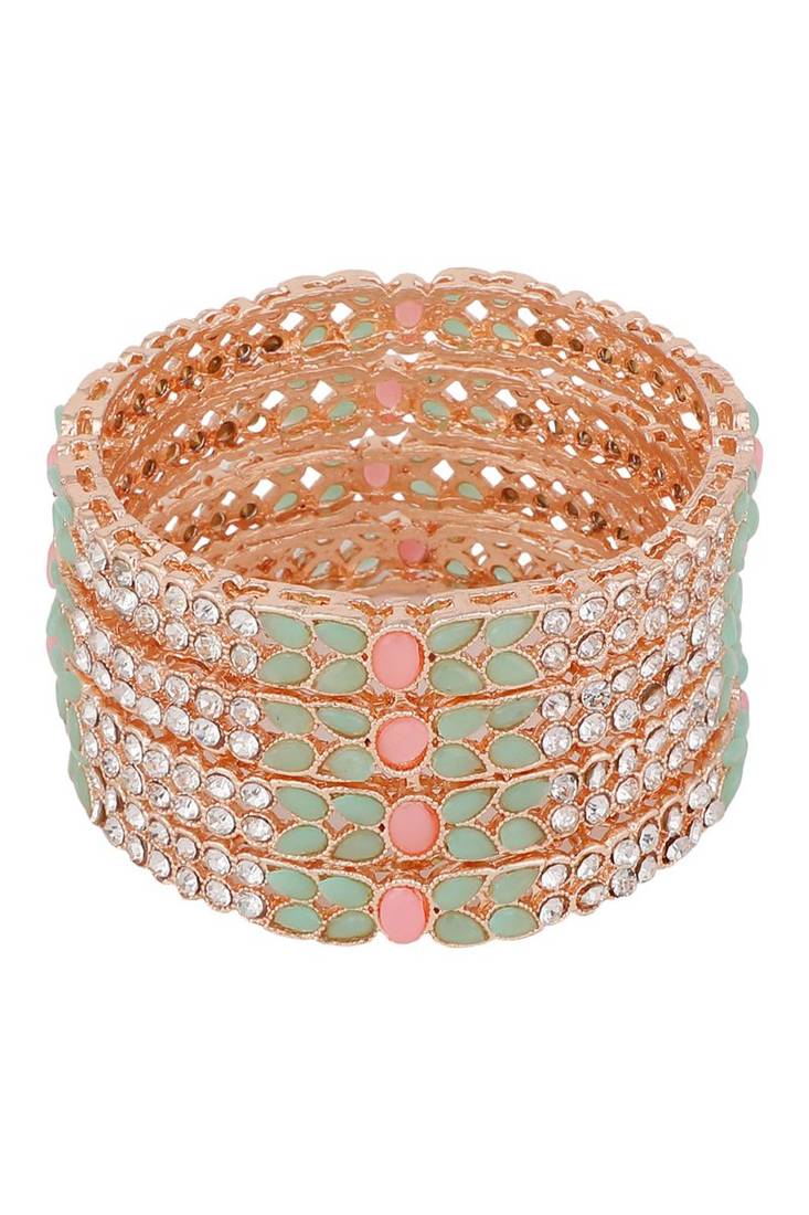 Set Of 2 Rose Gold-Plated & Sea-Green Baby Pink AD-Studded Bangles ...