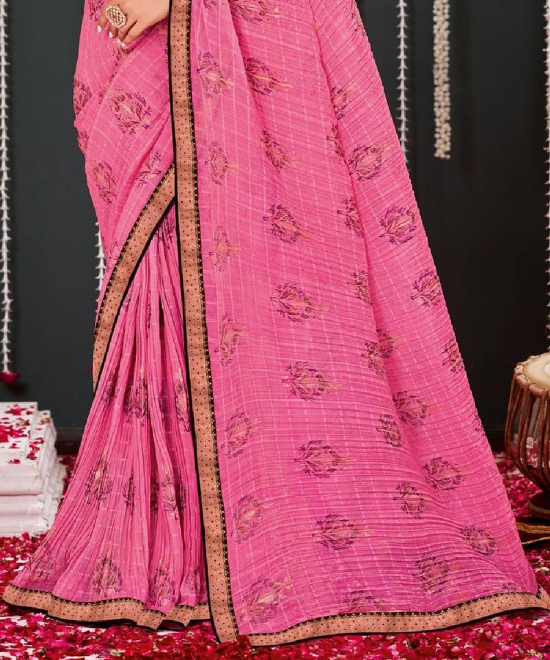 Pink Crushed Brasso Saree With Foil Print And Zari Border - Vishal ...