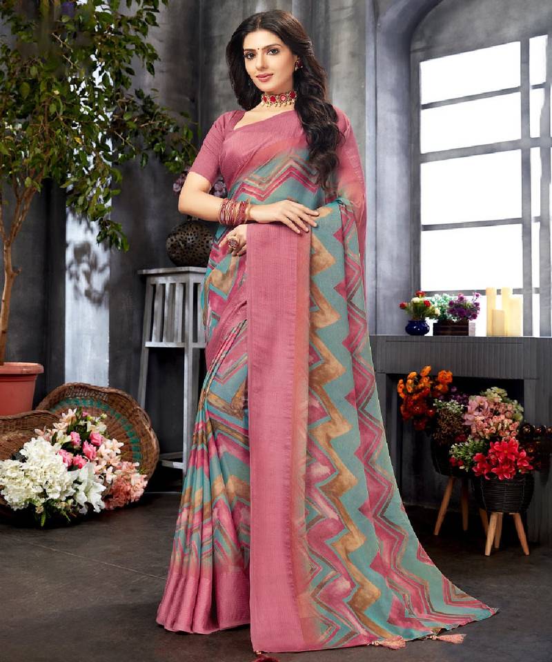 Rose Pink Digital Print And Printed Brasso Saree With Tassel - Vishal ...