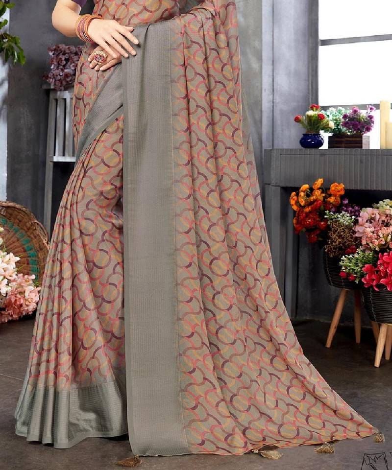 Multi Digital Print And Printed Brasso Saree With Tassel - Vishal ...