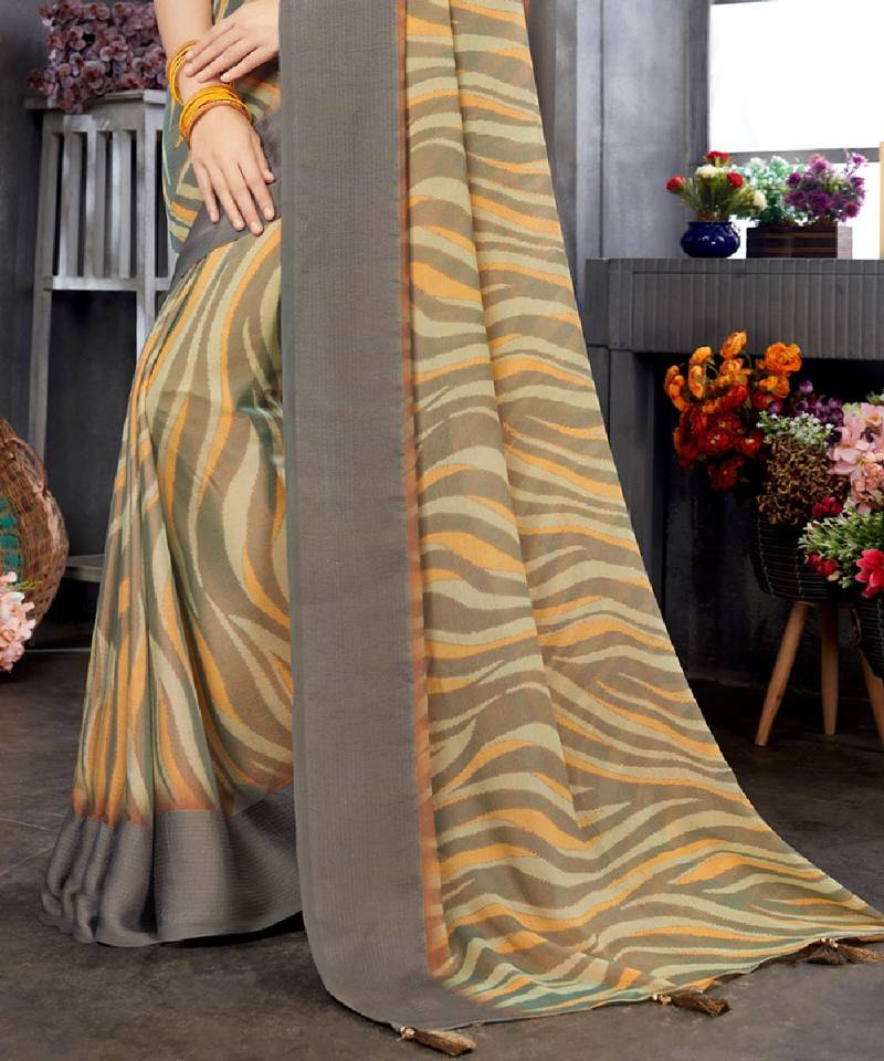 Grey And Orange Digital Print And Printed Brasso Saree With Tassel ...