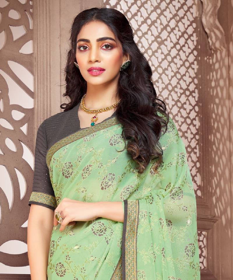 Dark Salmon Brasso Saree With Foil Print And Zari Border - Vishal ...