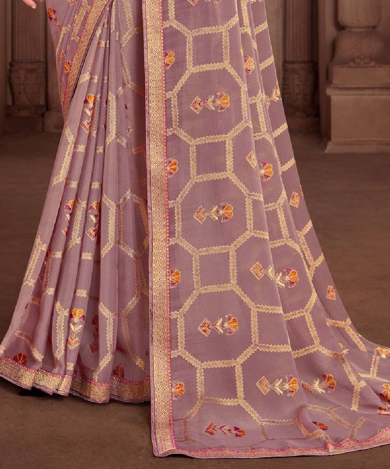 Cream Brasso Saree With Foil Print And Zari Border - Vishal Prints ...