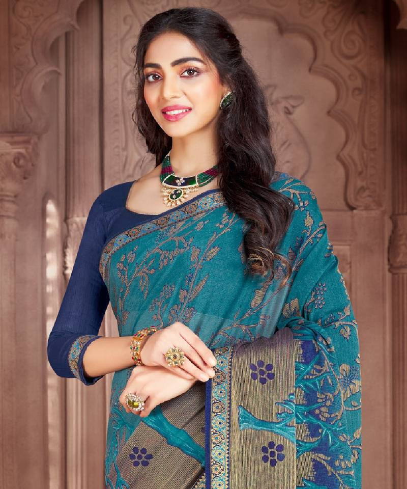 Brown Brasso Saree With Foil Print And Zari Border - Vishal Prints ...