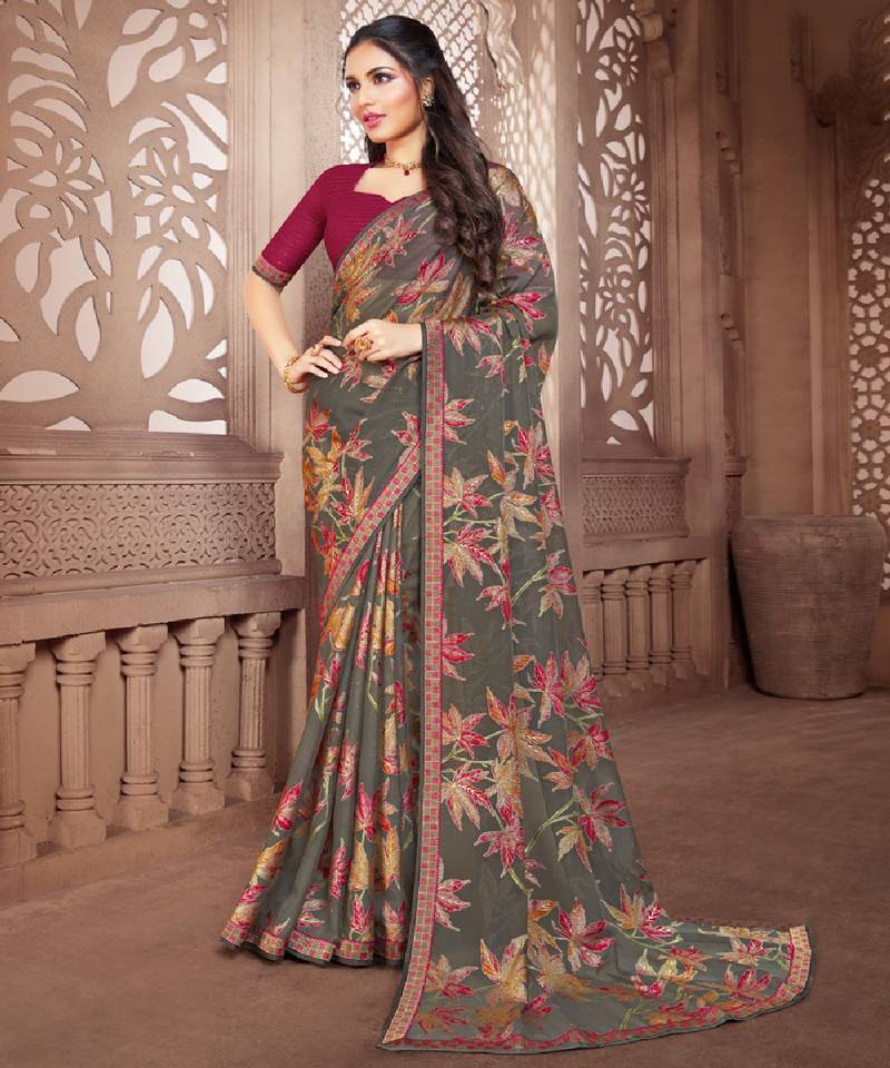 Lemon Brasso Saree With Foil Print And Zari Border - Vishal Prints ...