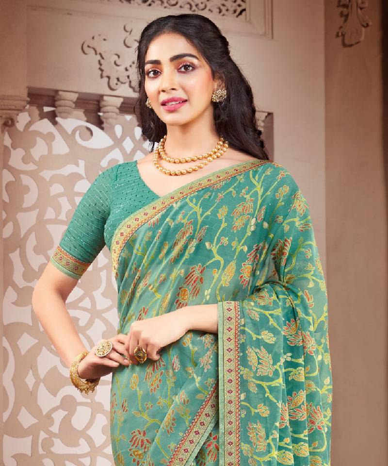 Grey Brasso Saree With Foil Print And Zari Border - Vishal Prints - 3968336