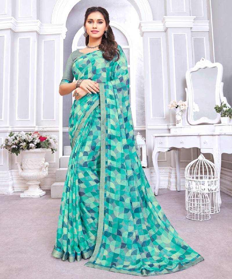 Turquoise Printed Chiffon Saree With Fancy Border - Vishal Prints - 3968361
