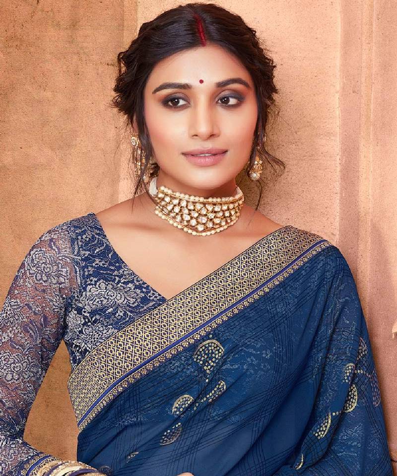 Dark Blue Chiffon Saree Saree With Foil Print And Zari Border - Vishal ...