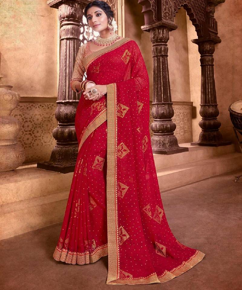 Dark Red Chiffon Saree Saree With Foil Print And Zari Border - Vishal ...
