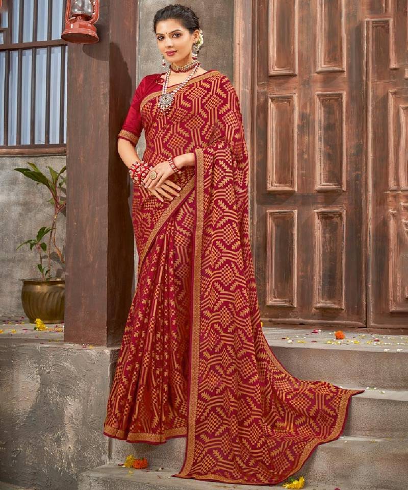 Dark Red Brasso Saree With Foil Print And Zari Border - Vishal Prints ...
