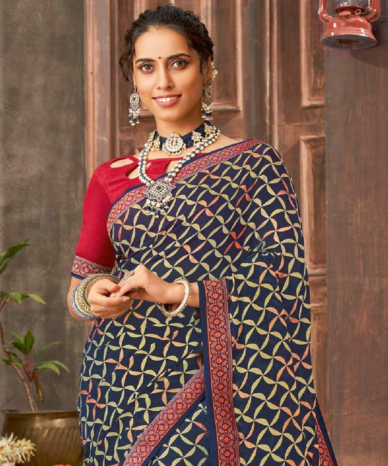 Blue Brasso Saree With Foil Print And Zari Border - Vishal Prints - 3968413
