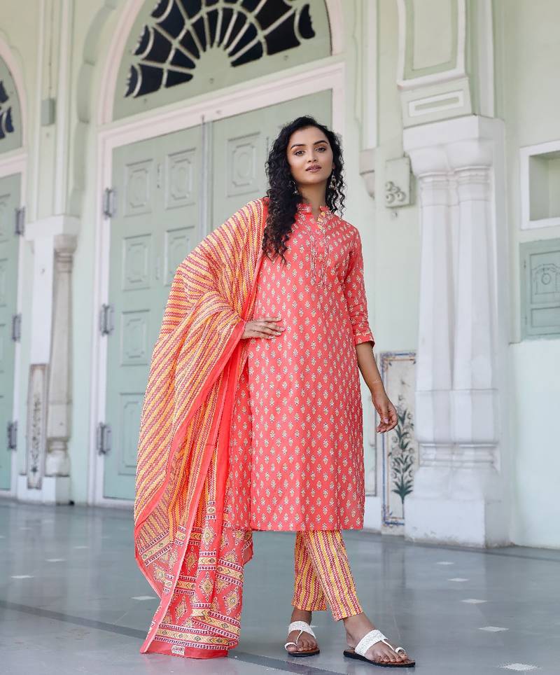Pink Cotton Kurta Suit set - PHEETA - 3968540