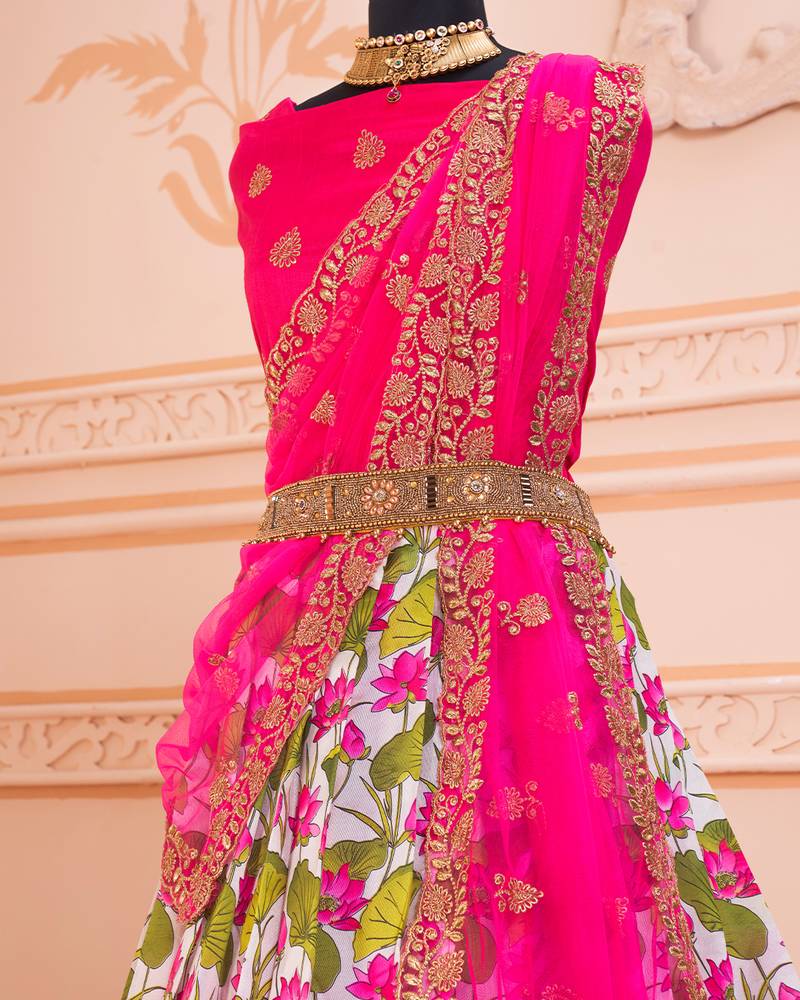 White Kalamkari Floral Digital Printed Half Saree - Kanakadara - 3968930