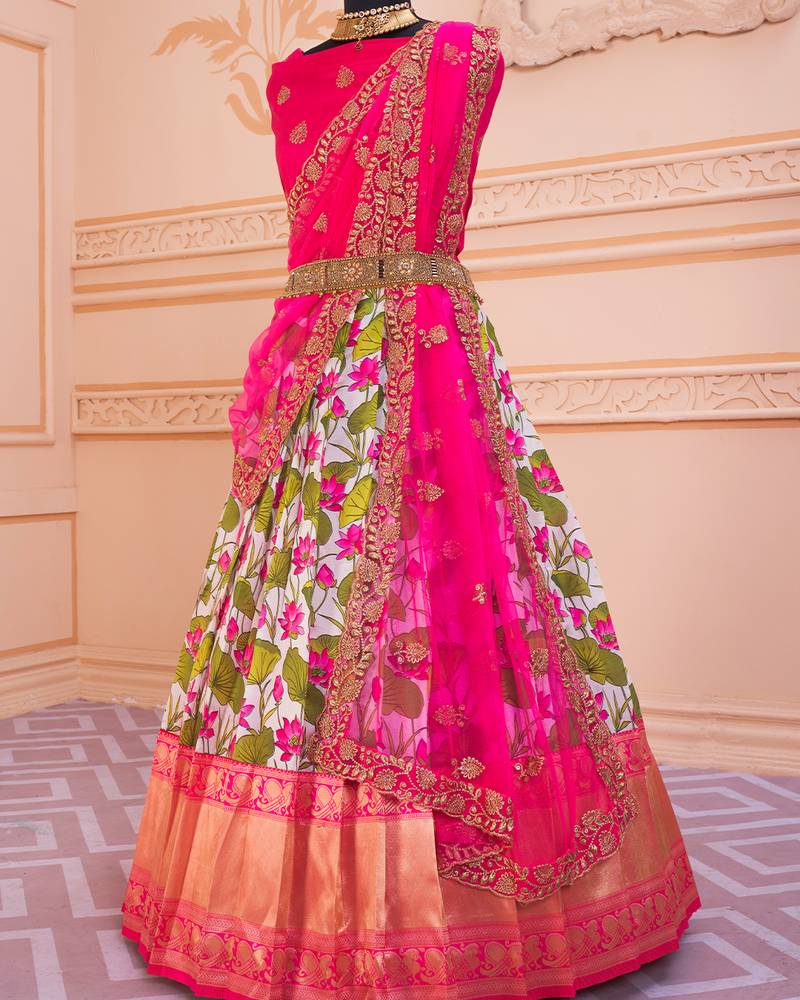 White Kalamkari Floral Digital Printed Half Saree - Kanakadara - 3968930