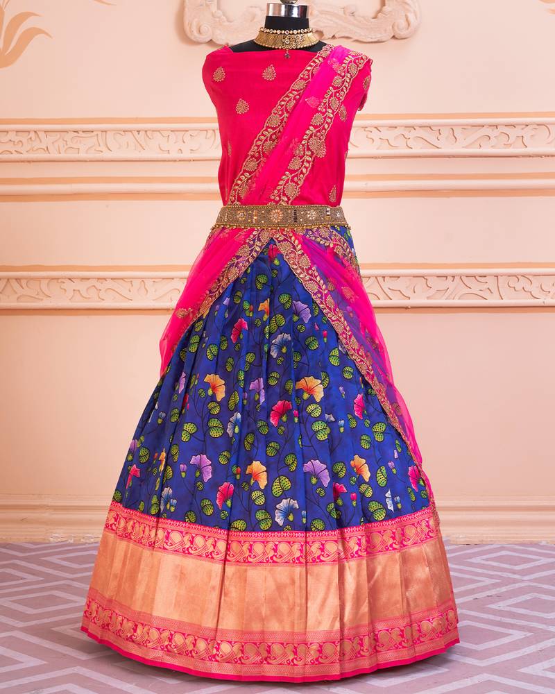 Navyblue Floral Digital Printed Half Saree - Kanakadara - 3968935