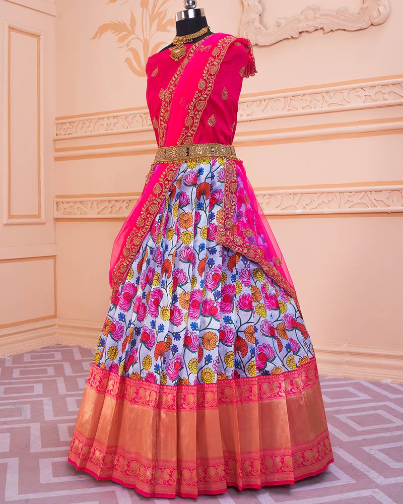 Light Sky Blue Kalamkari Floral Digital Printed Half Saree - Kanakadara ...