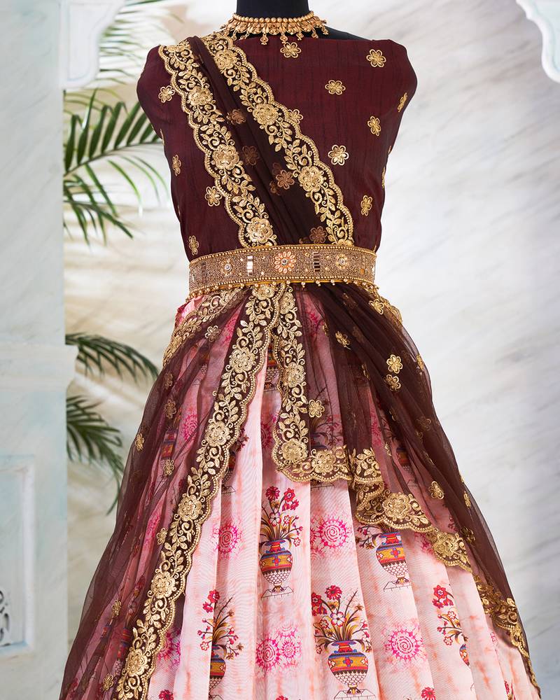 Pink Floral Digital Printed Half Saree - Kanakadara - 3968943
