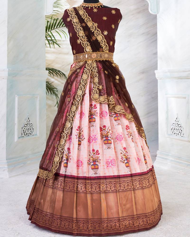 Pink Floral Digital Printed Half Saree - Kanakadara - 3968943