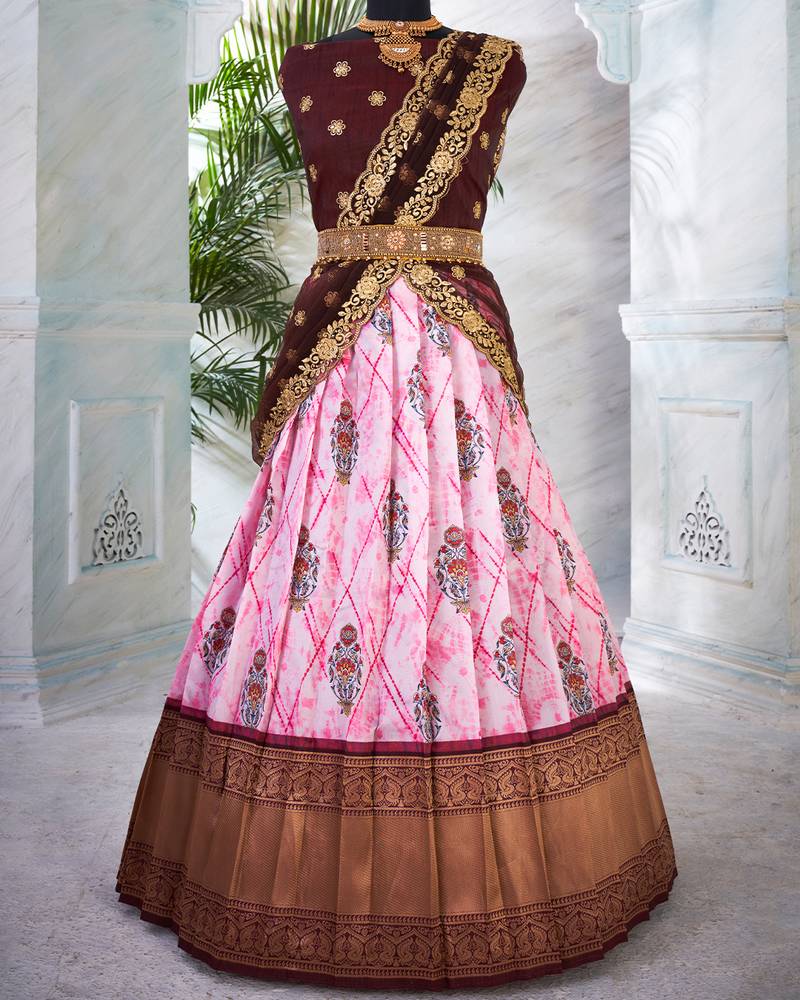 Pink Floral Digital Printed Half Saree - Kanakadara - 3968947