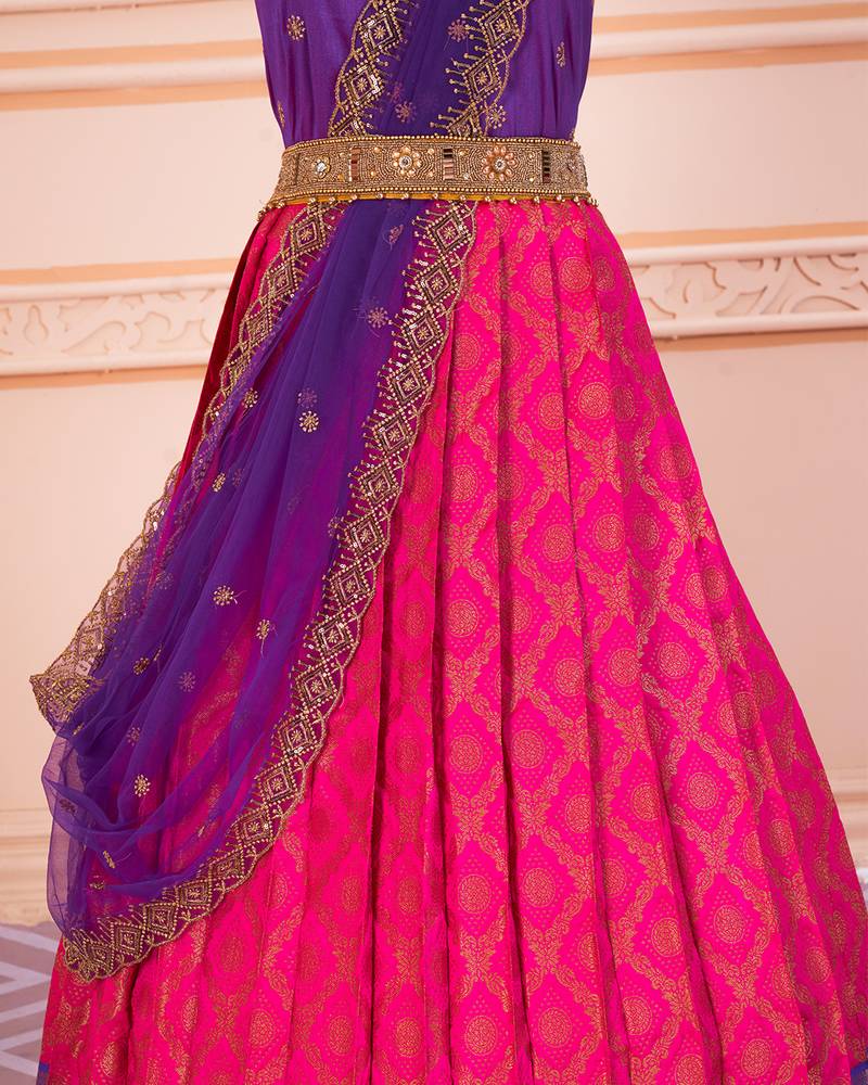 Pink Violet Banarasi Silk Jacquard Half Saree - Kanakadara - 3968951