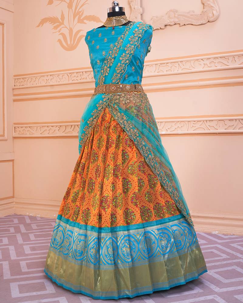 Orange Floral Kalamkari Digital Printed Half Saree - Kanakadara - 3968966
