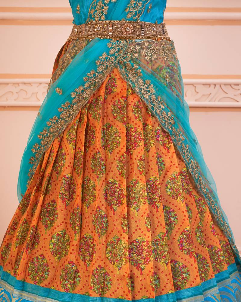 Orange Floral Kalamkari Digital Printed Half Saree - Kanakadara - 3968966