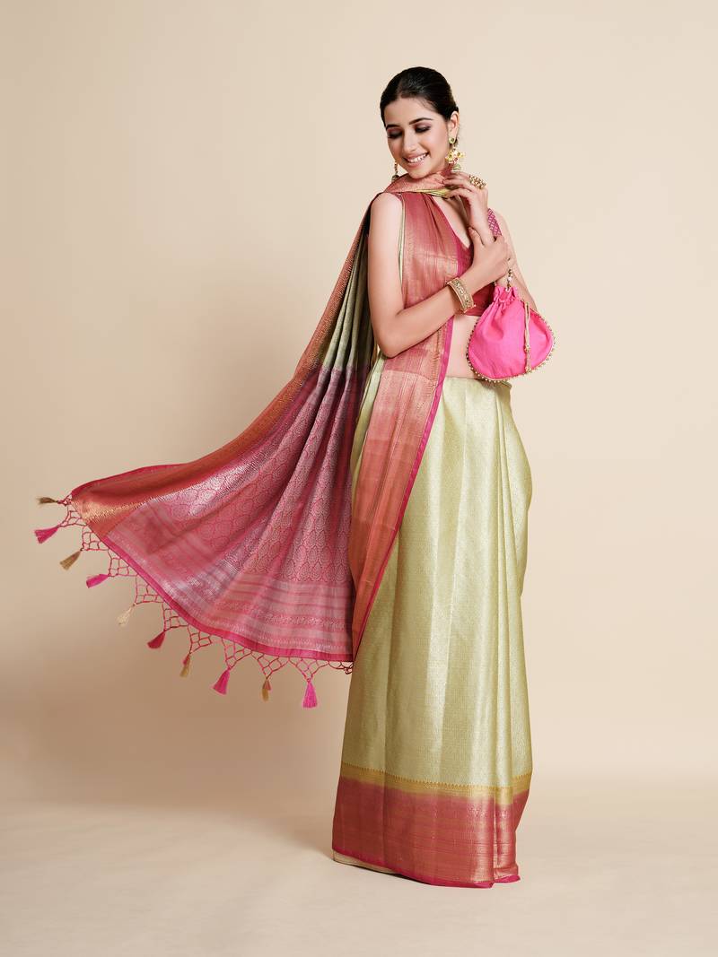 Light green woven art silk saree with blouse - MIMOSA - 3969337
