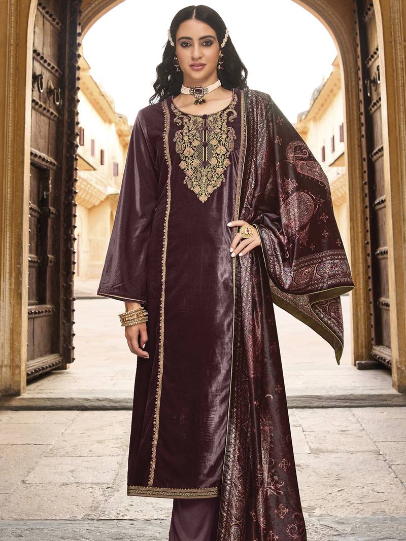 Maroon embroidered velvet salwar - Stylee Lifestyle - 3970886