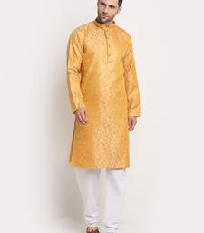 KRAFT INDIA Men Jacquard Woven Design Beige Kurta - KRAFT INDIA - 3971069