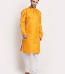 KRAFT INDIA Men Jacquard Woven Design Yellow Kurta - KRAFT INDIA - 3971070