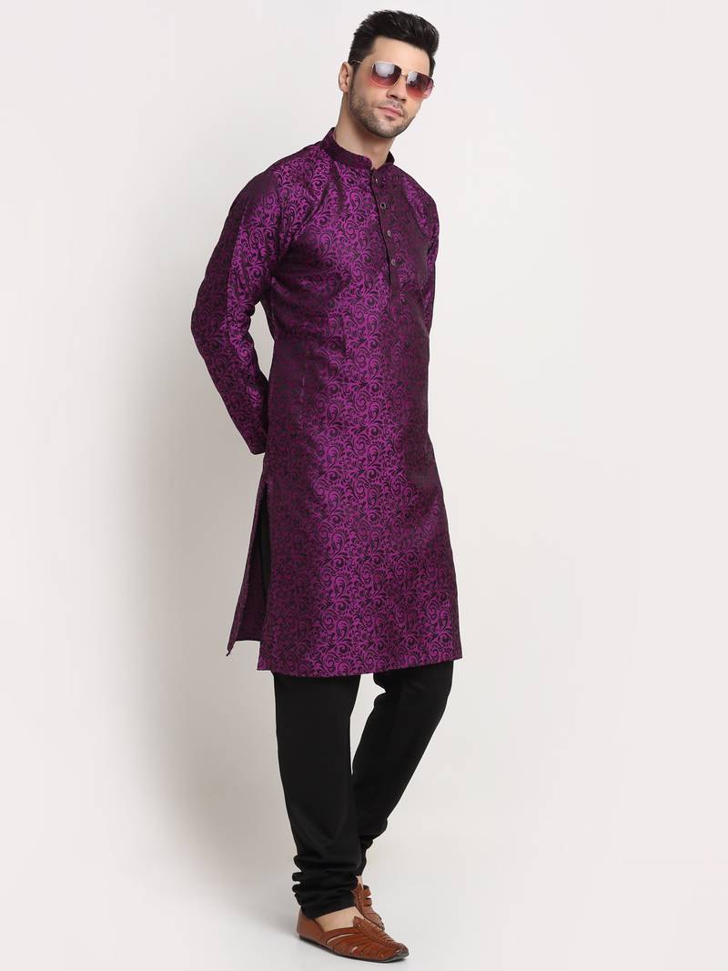 KRAFT INDIA Men Jacquard Woven Design Purple Kurta - KRAFT INDIA - 3971074