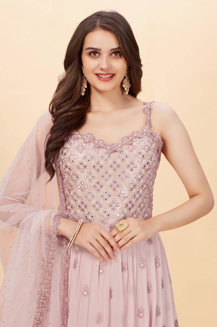 Rose Pink Designer Thread, Sequance Embroidery Work Faux Georgette ...