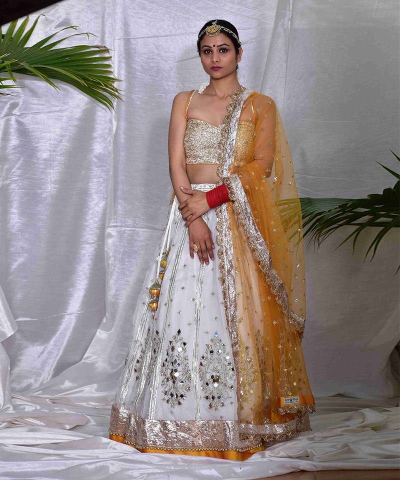 Peela Aaina Ornate Hand-Embroidered Mirror Work Lehenga Set - RANG BY ...