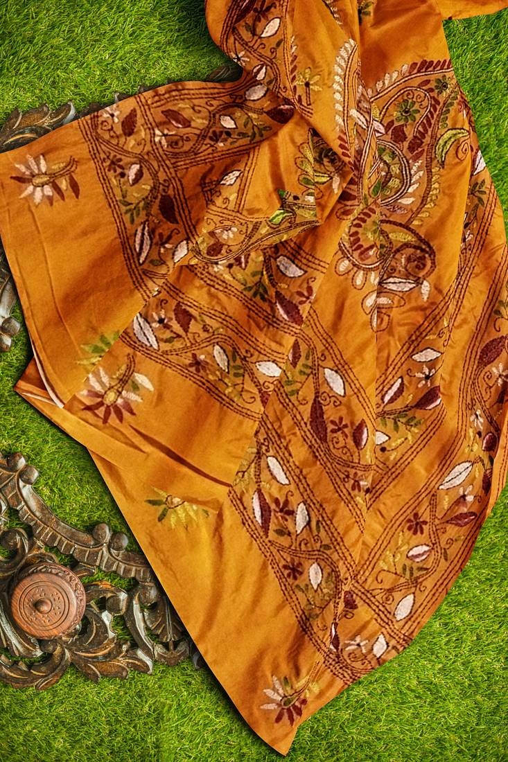Orange Art Silk Kantha Stich Handloom Saree - SS Saree - 3980550