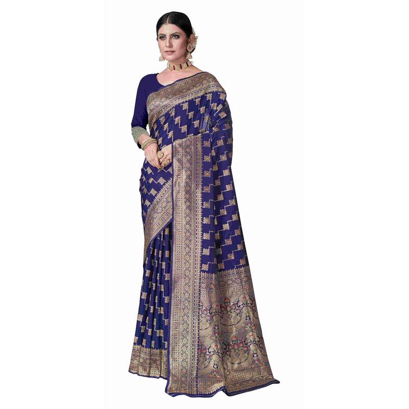 Blue woven art silk saree with blouse - Triveni - 3981512