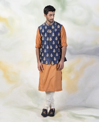 Navy Blue Floral Embroidered Silk Bandi Jacket - Talking threads - 3982266