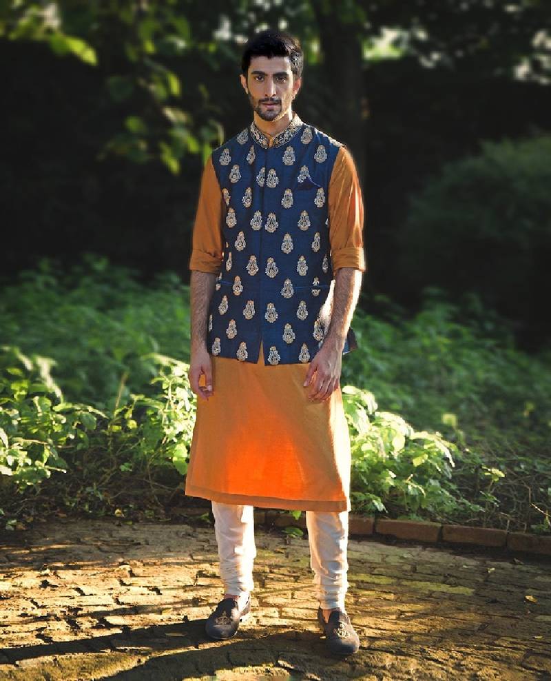 Navy Blue Floral Embroidered Silk Bandi Jacket - Talking threads - 3982266