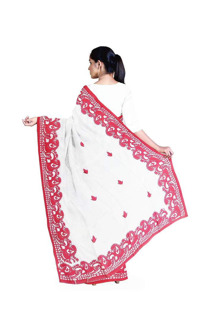 White cotton silk applic handloom saree - Mamta Saree - 3984824