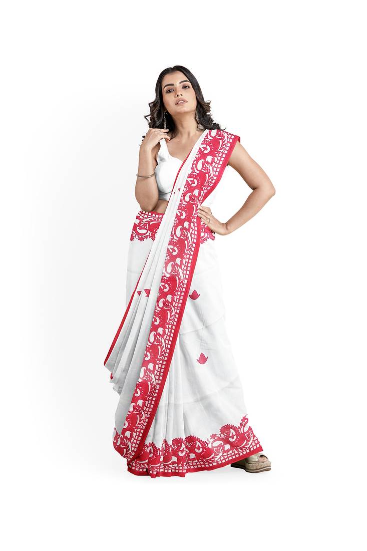 White cotton silk applic handloom saree - Mamta Saree - 3984824