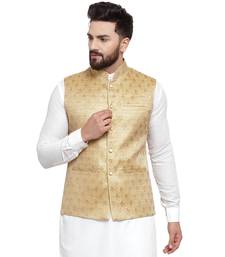 Gold printed brocade nehru-jacket - Treemoda - 3987121