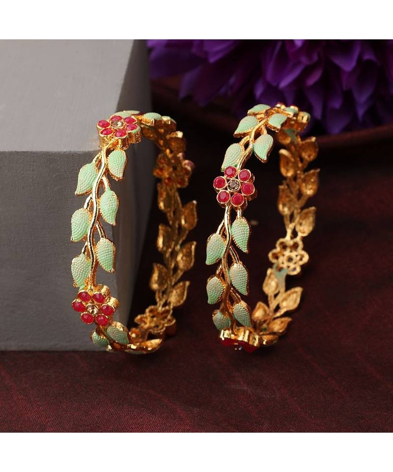 Enameled Gold Plated Leaf Shaped Statement Bangle Set for Girls and Women - Mode Mania - 3990861