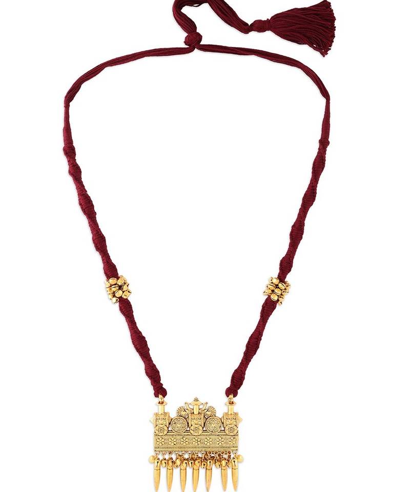 Gold And Maroon Satin Threaded Necklace - Ahaanya - 3992732