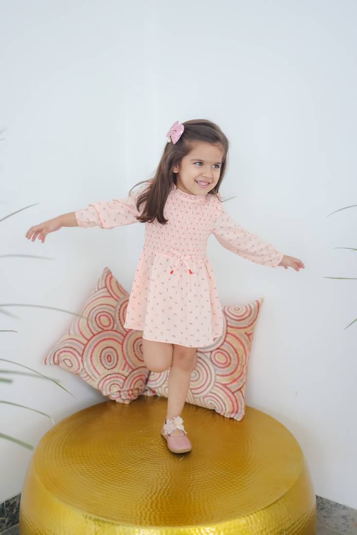 Budding Bees Girls Full Sleeve Smocked Dress-Pink - Budding Bees - 3992863