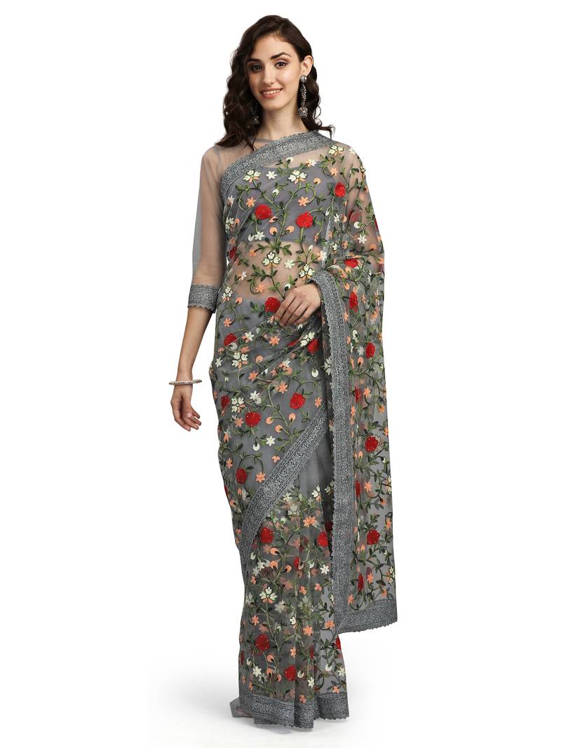 Grey embroidered net saree with blouse - RIVA ENTERPRISE - 3994621