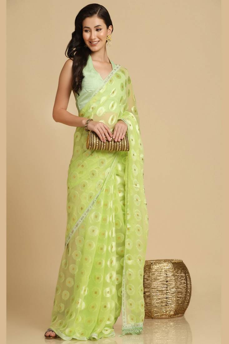 Lime Thread Work Designer Chiffon Sarees - Vasu Sarees - 3999715